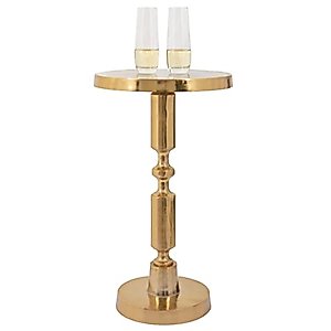 Small Round Gold Side Table by Objet D’Art, Rhodes, Accent, End, Pedestal, Martini, Drink Table for Living Room or Nightstand for Bedroom and Small Spaces, Vintage Metal Brass Style Decor, 21” Height