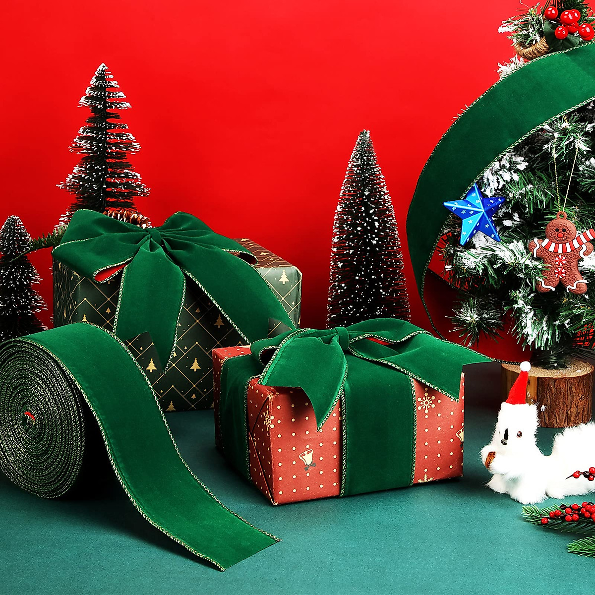 Yungyan Velvet Wired Ribbons with Gold Edge Gift Bow Wrapping Ribbon Waterproof Felt Ribbon for Home Decor, Gift Wrapping, Wreath DIY Crafts, Christmas Tree(Green Red, 2.5 Inch x 35 Yards)