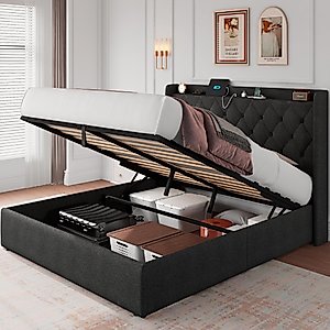 iPormis Queen Size Lift Up Storage Bed Frame with Charging Station, Upholstered Platform Bed Frame with Tufted Headboard, Hydraulic Storage, No Box Spring Needed, Noise-Free, Easy Assembly, Dark Grey