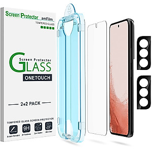 amFilm OneTouch Screen Protector for Samsung Galaxy S22 Plus 6.6 inch, Samsung Galaxy S22 + 6.6 inch, 9H Hardness with Camera Lens Protector, Bubble Free, Tempered Glass, 2 Pack
