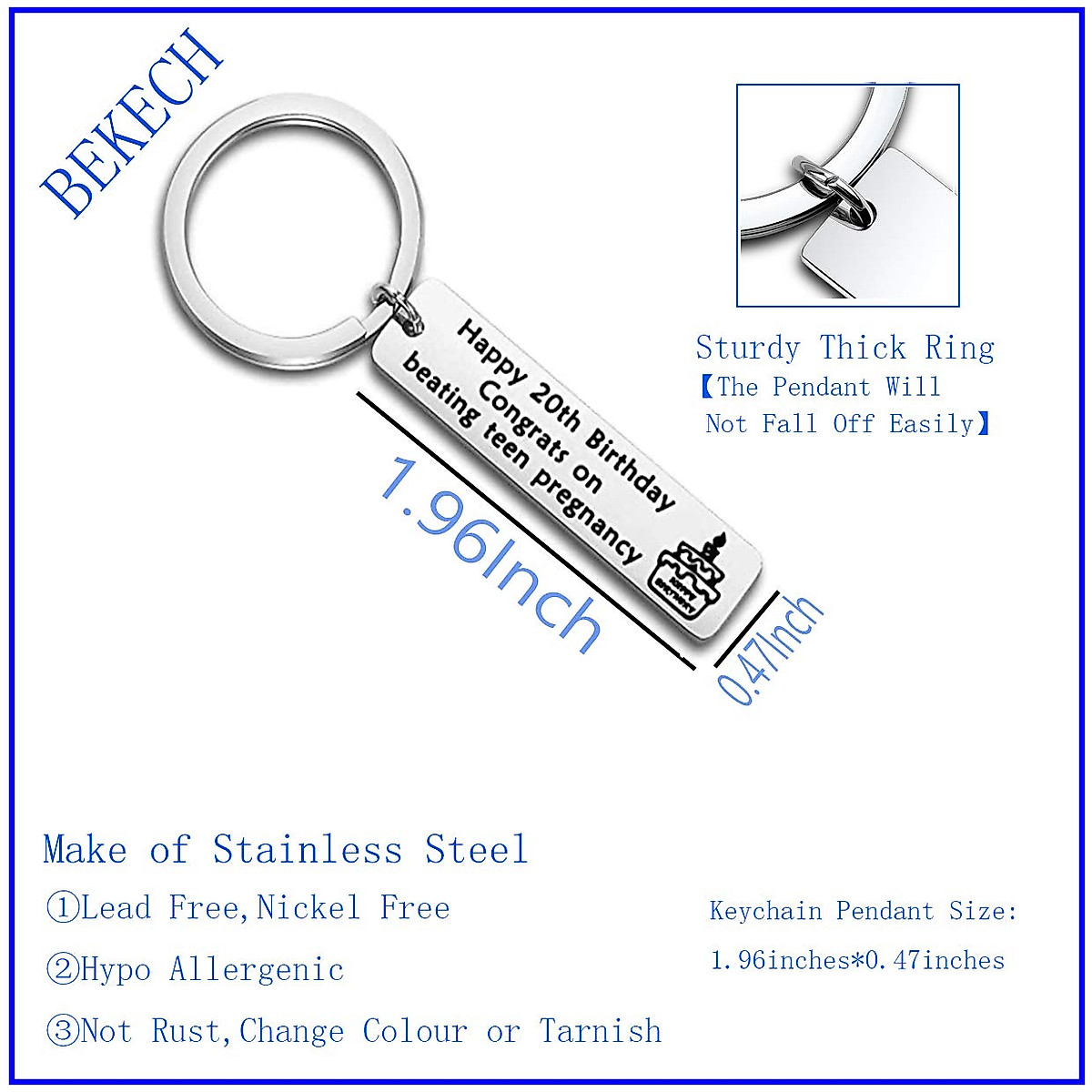 BEKECH 20th Birthday Gifts Birthday Keychain Happy 20th Birthday Congrats On Beating Teen Pregnancy Keychain 20th Keychain Birthday Jewelry (Silver)