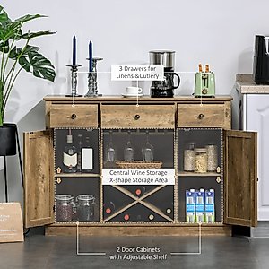 HOMCOM Farmhouse Coffee Bar Cabinet, Wine Cabinet with 3 Drawers, Sideboard Buffet Cabinet with X-Shaped Wine Rack and Stemware Holder, Rustic Oak Grain
