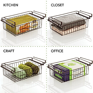 mDesign Large Metal Wire Hanging Pullout Drawer Basket - Sliding Under Shelf Storage Organizer - Attaches to Shelving - Easy Install - 4 Pack - Bronze