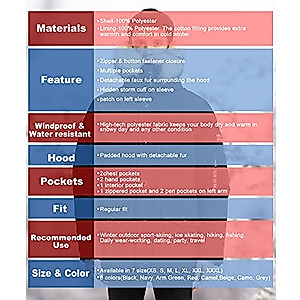 PUREMSX Men's Padded Jacket Insulated, Expedition Mountain Heavy Weight Thicken Lined Skiing Fur Hooded Long Anorak Parka,Black,Small