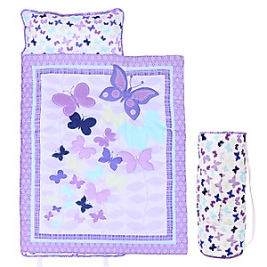 UOMNY Toddler Nap Mat Girls Kids Nap Mats with Removable Pillow and Blanket Butterfly Toddler Sleeping Bag for Preschool Daycare Purple Happy Napper Girls 50x20 Inch