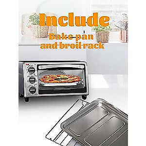 Toaster Oven 4 Slice Countertop - Pizza Oven with Timer, Convection Oven fits a 9 Inch Pizza, for Bake, Broil, Toast, Includes Baking Pan and Rack, Stainless Steel, Silver