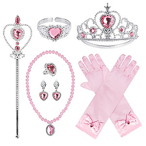 Princess Dress Up Party Accessories for Princess Costume Gloves Tiara Wand Necklace Earrings Bracelet and Ring Gift Set 9pcs (Pink, Set of 7, 9pcs)