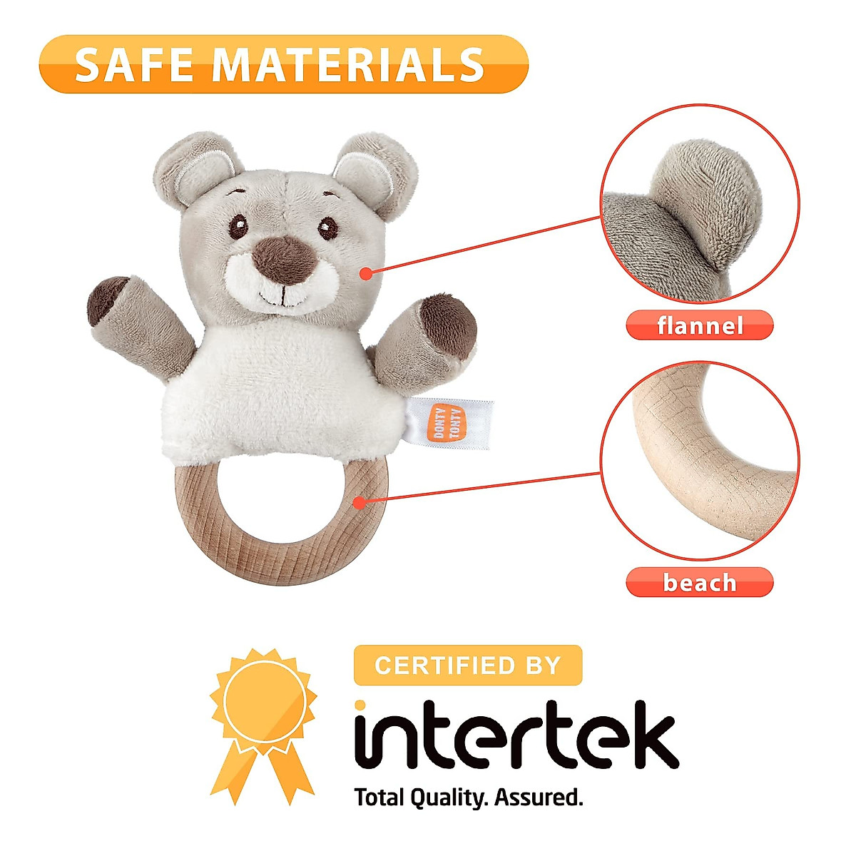 Donty-Tonty Premium Wood Baby Teether Rattle Toy Easter Gift Animals Soft Plush Shaker Toy with Natural Wooden Teething Ring Perfect Toddler, Newborn Boy, Girl Gifts for 0 3 6 9 12 Months - Grey Bear