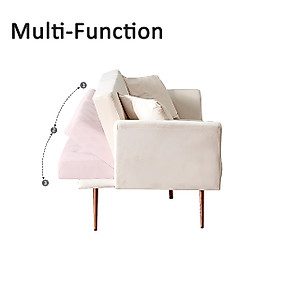 NoeBanJe Mid Century Modern Velvet LoveSeat Couches, Convertible Futon Sofa Bed with Metal Legs and Pillows, Adjustable Sleeper Sofa for Small Spaces, Bedroom Living Room (Beige)