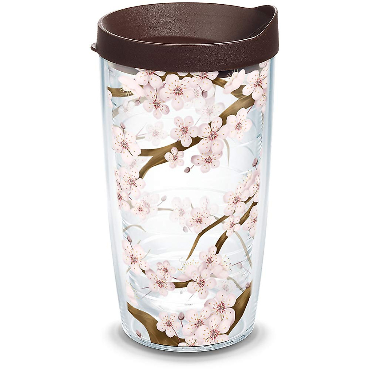 Tervis 1041201 Cherry Blossom Tumbler with Wrap and Brown Lid 16oz, Clear