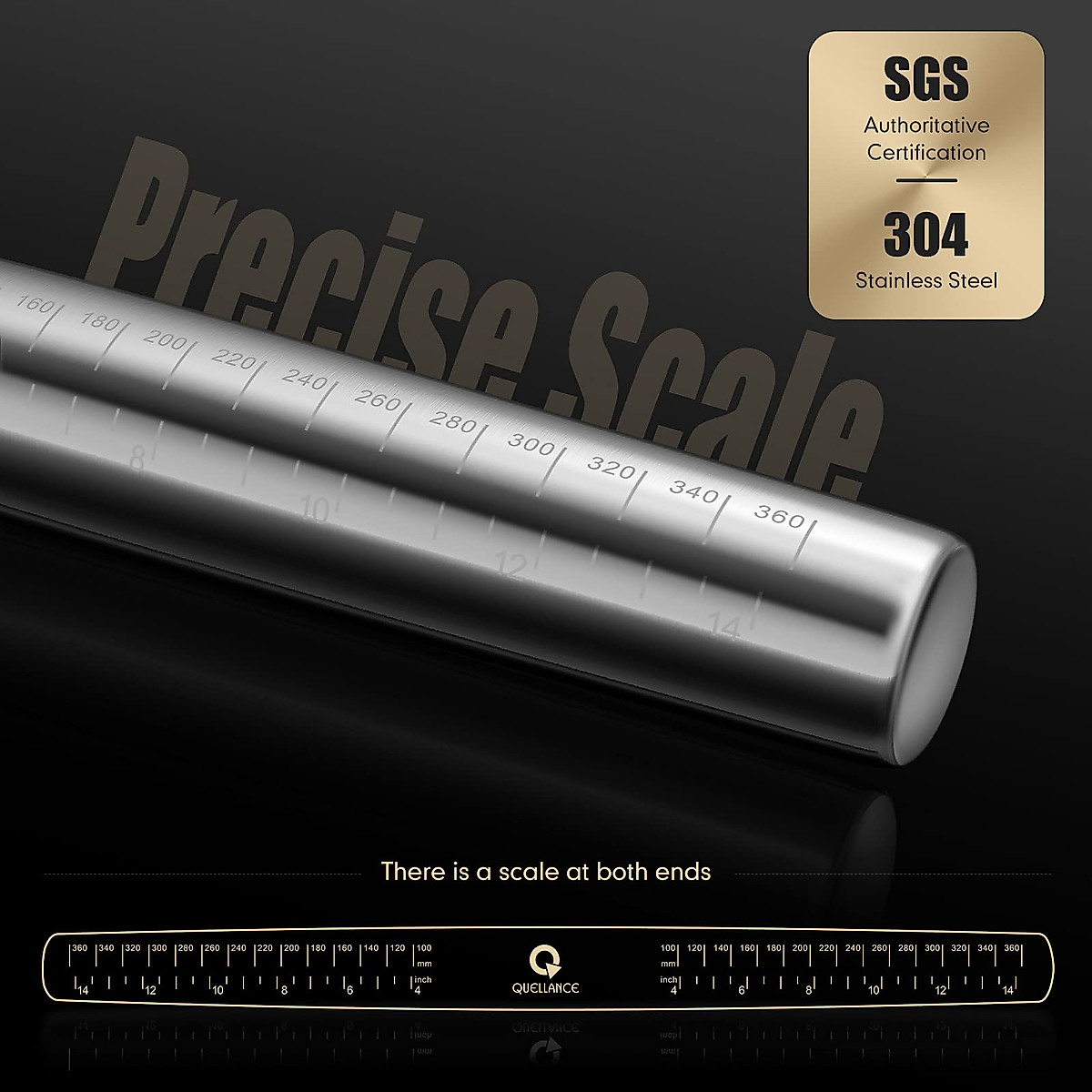 French Rolling Pin with Measurements - Quellance Rolling Pins for Baking,17.5" Fondant Rollong Pin,Stainless Steel Rolling Pin Dough Roller