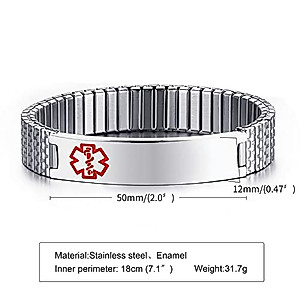 DIB Free Engraving Elastic Stretch Stainless Steel Medical Alert ID Bracelets for Women Men, Silver/Gold/Black