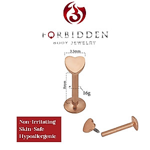 Forbidden Body Jewelry 16g 8mm Tragus Earring, Helix Earring & Labret Piercing Stud, Int. Threaded Rose Gold Plated Heart Top