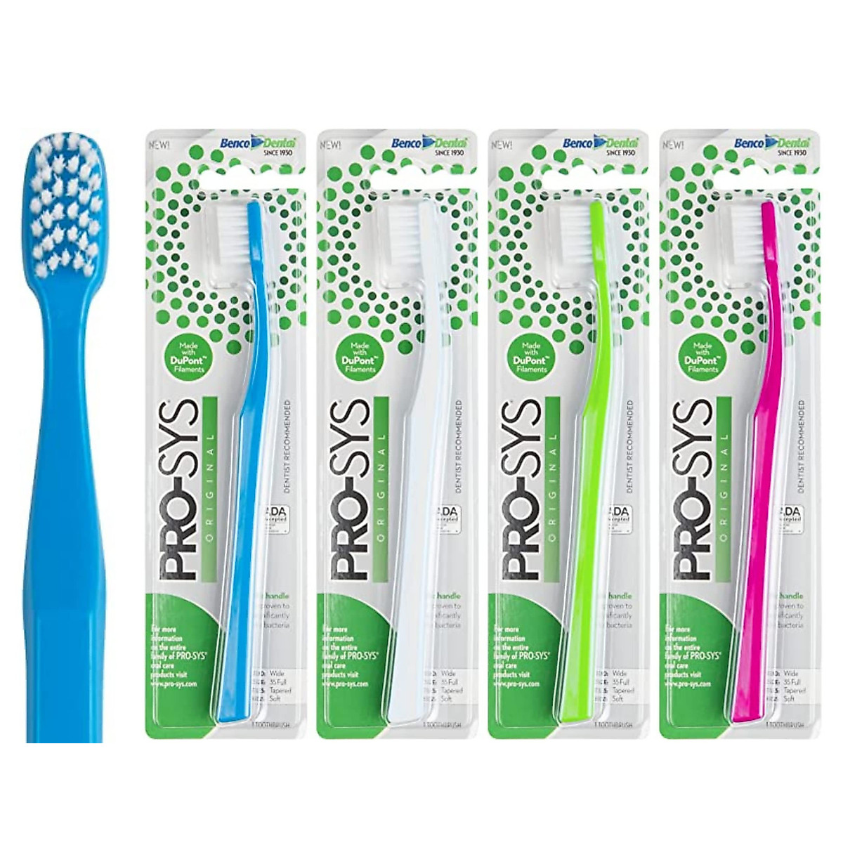 PRO-SYS® Soft Toothbrush for Adult with Sensitive Teeth & Gums, ADA Accepted, with 35-Tuft Wide Dupont® Tynex® Bristles, Pack of 4