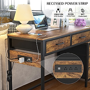 Hyomdeck Computer Desk with 5 Drawer, Reversible Office Desk with Power Outlets and USB Charging Port, Sturdy Writing Table with File Cabinet Printer Stand, PC Desk for Small Spaces, Rustic Brown