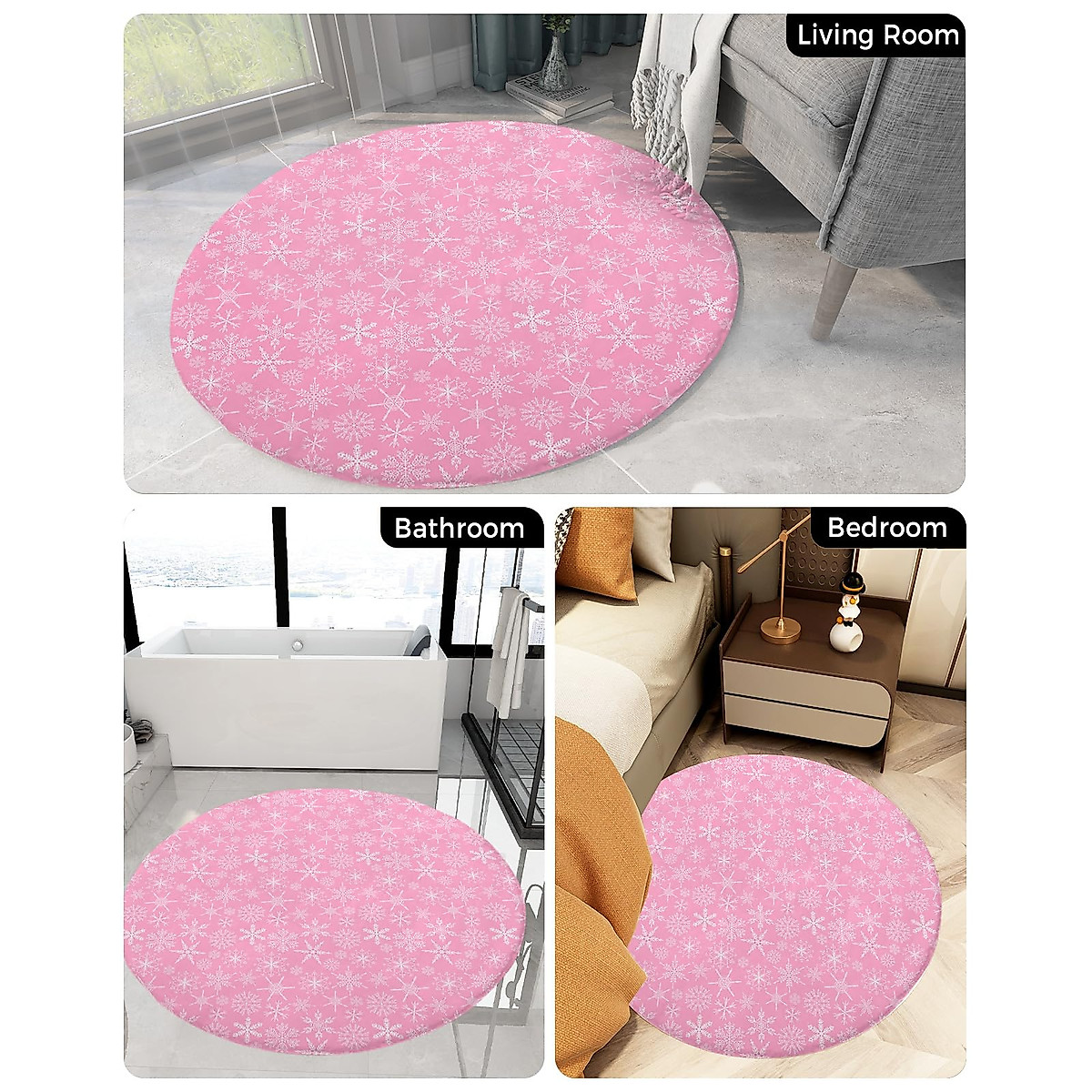 Pink Christmas Fluffy Round Area Rug Carpets 4ft, Plush Shaggy Carpet Soft Circular Rugs, Non-Slip Fuzzy Accent Floor Mat for Living Room Bedroom Nursery Home Decor Winter Fantasy Snowflake