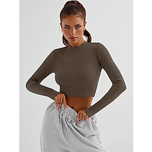 Trendy Queen Womens Long Sleeve Crop Tops Basic Ribbed Slim Fitted Shirts Casual Fall Fashion Y2k Teen Girl Clothes Coffee XL