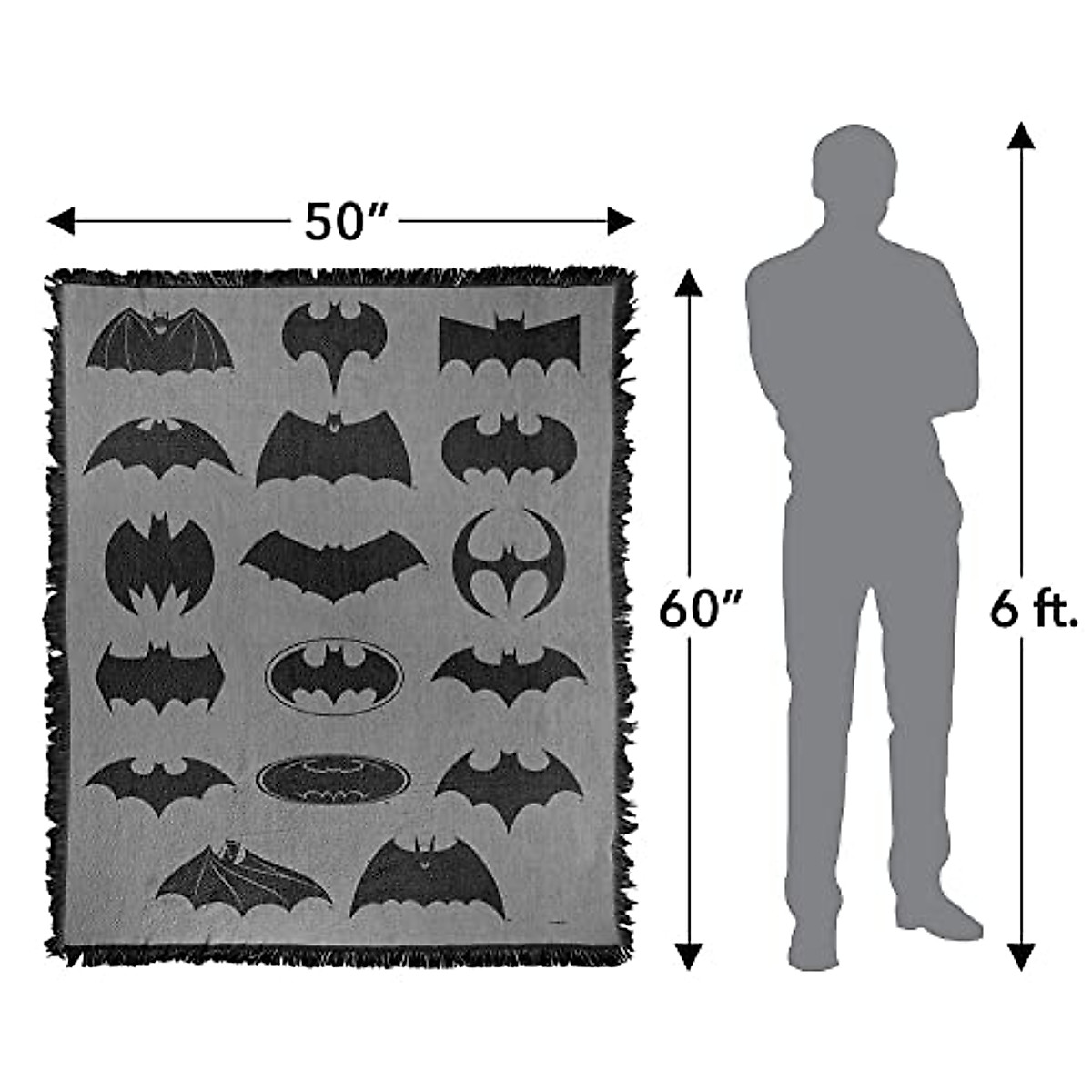 LOGOVISION Batman Blanket, 50"x60" Bat Symbol Woven Tapestry Cotton Blend Fringed Throw