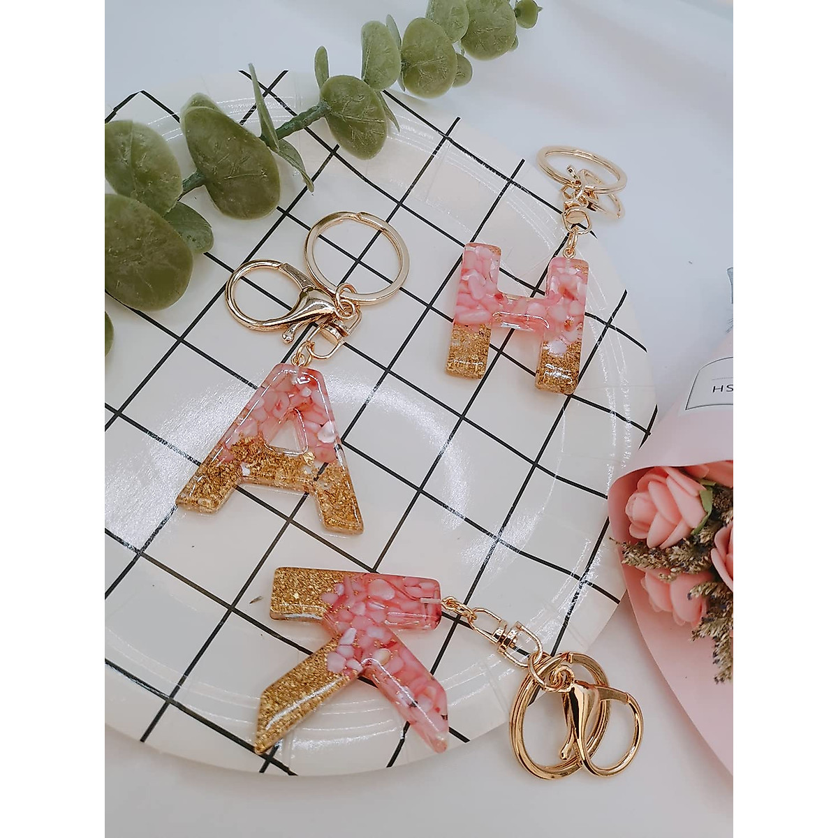 Meefisher Pink Glitter Letter A-Z Keychain Pink Resin Alphabet Initial Letter Pendant Key Ring Accessories for Purse Handbags Women Girl-M