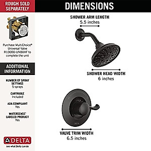 Delta Faucet Esato 14 Series Single-Handle Black Shower Faucet, Shower Trim Kit with 5-Spray H2Okinetic Black Shower Head, Matte Black 142897-BL (Valve Included)