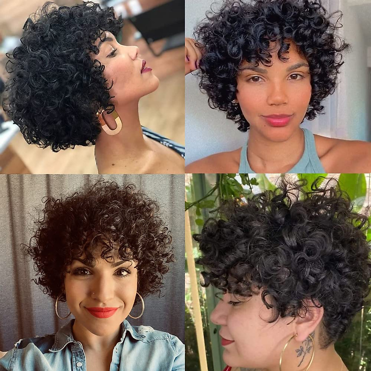 Amecire Short Curly Wigs for Black Women Human Hair Afro Natural Curly Wig Brazilian Virgin Pixie Cut Wig Human Hair With Bangs 150% Density None Lace Front Bob Wigs 1B Color (Big Curly)