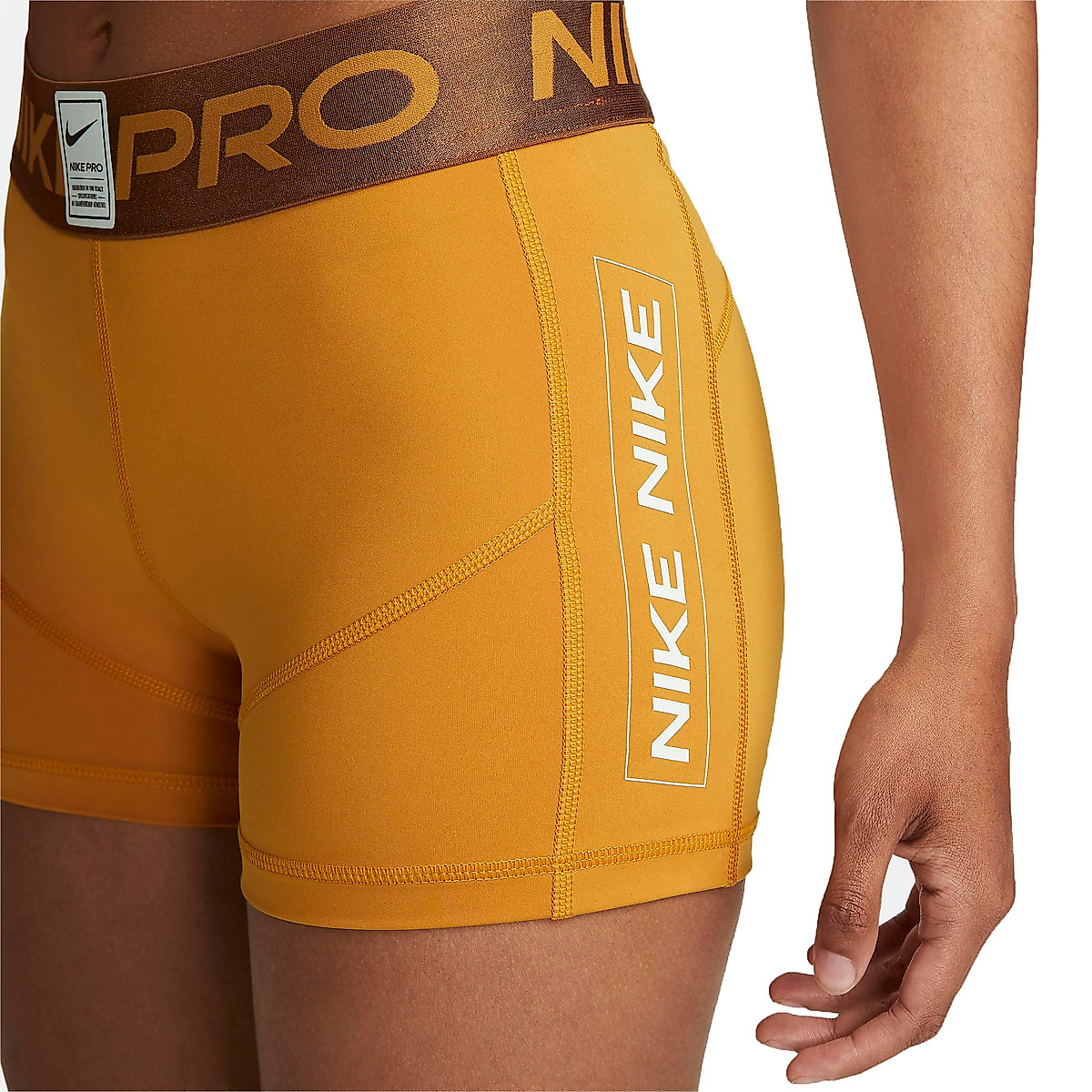 Nike Pro Women's Mid-Rise 3" Graphic Shorts (Gold Suede/Ale Brown/Barely Green, Medium)