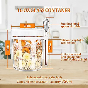 DAILOU Overnight Oats Containers with Lids and Spoons(4-Piece set),16 Oz Glass Mason Overnight Oats Jars,Portable Airtight Oats Container with Measurement Marks,Milk,Vegetable and Fruit Salad Storage Containers.