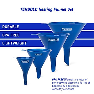 Terbold 4pc Funnel Nesting Set in BPA Free Plastic for Kitchen Cooking, Car Oil, Home, or Lab Use (Blue)