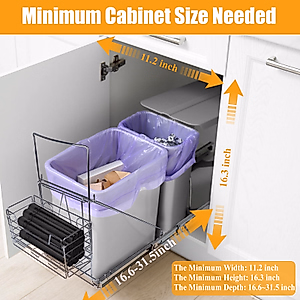 Under Cabinet Pull Out Trash Can Kit – Adjustable Shelf Removable Front Basket for Garbage Bag Storage, Under Sink Trash Can Pull Out for Kitchen Fits 7-12 Gallon Bins (Trash Can Not Included)