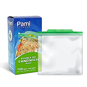 PAMI Double Zip Sandwich Bag [100 Pieces] - Leakproof Ziplock Sandwich Bags With Freshness Lock- Food-Safe Zipper Storage Bags For Sandwiches, Snacks, Fruits & More- Resealable Sandwich Baggies