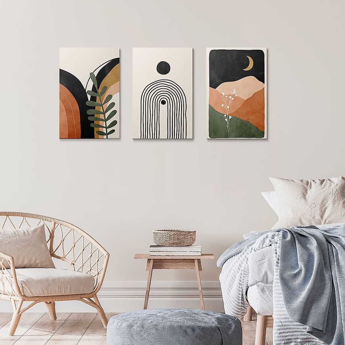 GUBIYU Set Of 3 Boho Wall Decor Mid Century Modern Bedroom Wall Art Minimalist Bathroom Decor Gallery Art Neutral Abstract Geometric Wall Art Prints Canvas Boho Room Decor Black Beige Orange 16"x24"