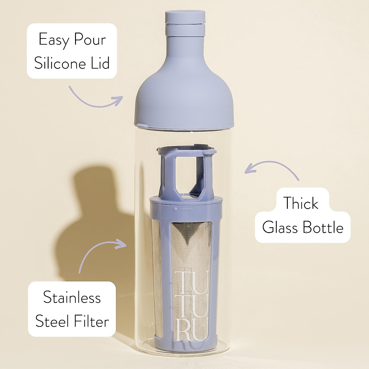 Cold Brew Bottle | Iced Coffee Maker, Thick Glass, Heavy Duty Stainless Steel Filter | Easy Pour and Removable Filter | 32 oz (1 QT)