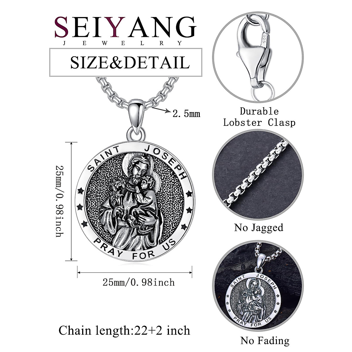 Seiyang St Joseph Necklace for Men 925 Sterling Silver Saint Joseph Medal Pendant Patron Amulet Joseph Medallion Jewelry Protection Gift for Women Father Son