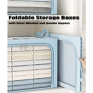 AARAINBOW Closet Clothes Organizer 4 Pcs, Stackable Storage Bins with Clear Window & Handles Steel Frame Storage Boxes with Lids Foldable Storage Container for Clothes Toys, 24L (2 Gray 2 blue)