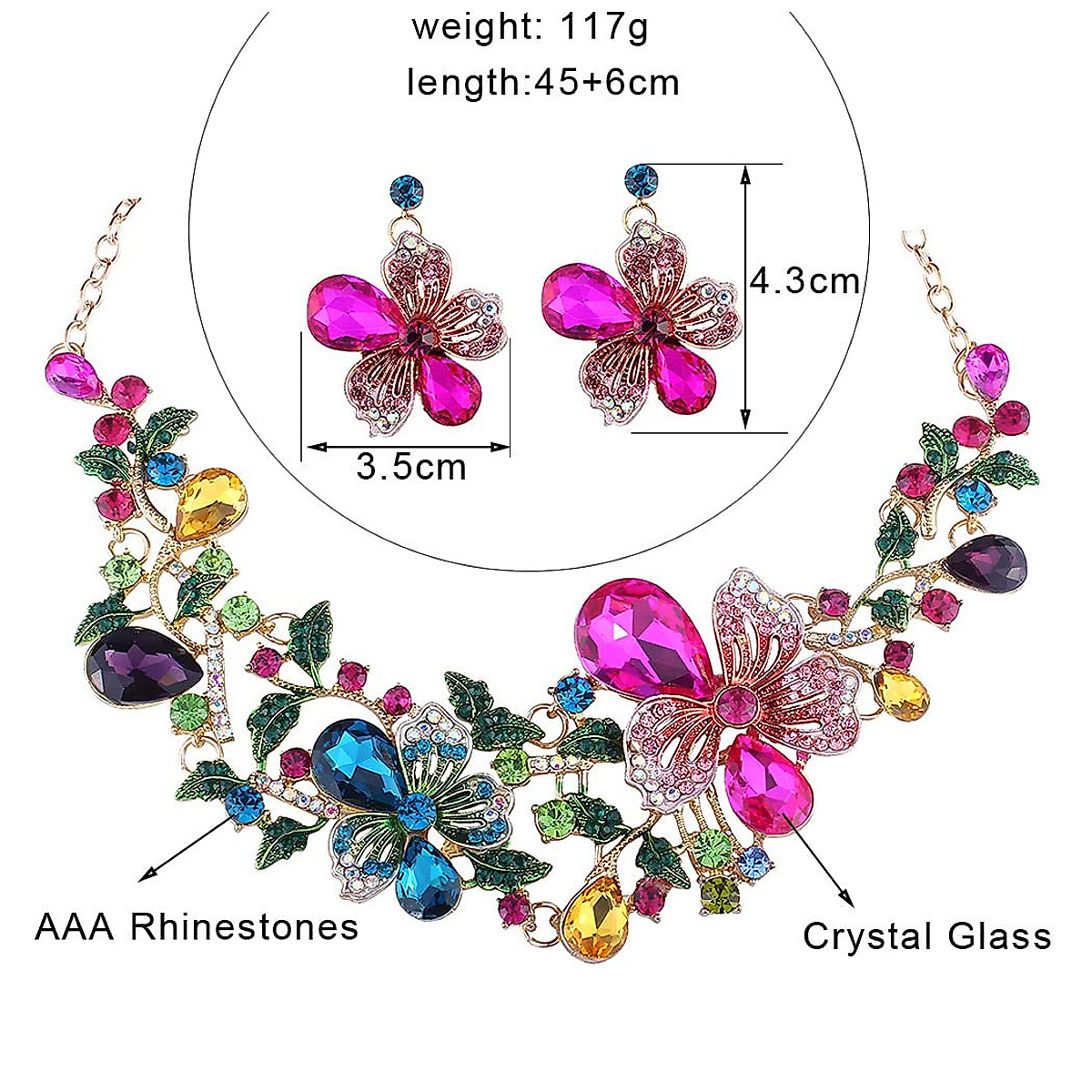 Orikycely Sunvy Noble Diamond Crystal Flower Chain Choker Collar Necklace Earrings Set