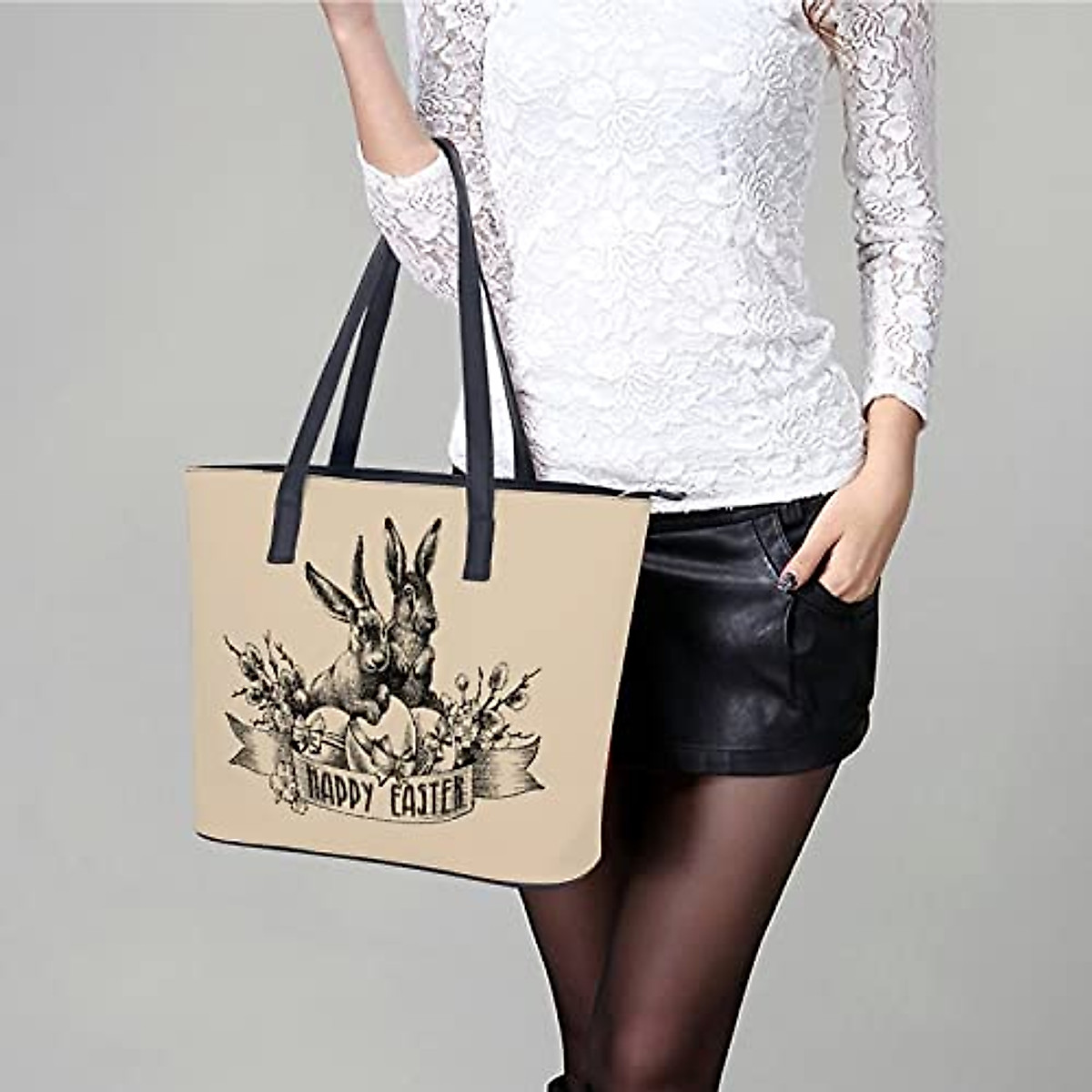 Womens Handbag Sketch Easter Bunny Leather Tote Bag Top Handle Satchel Bags For Lady