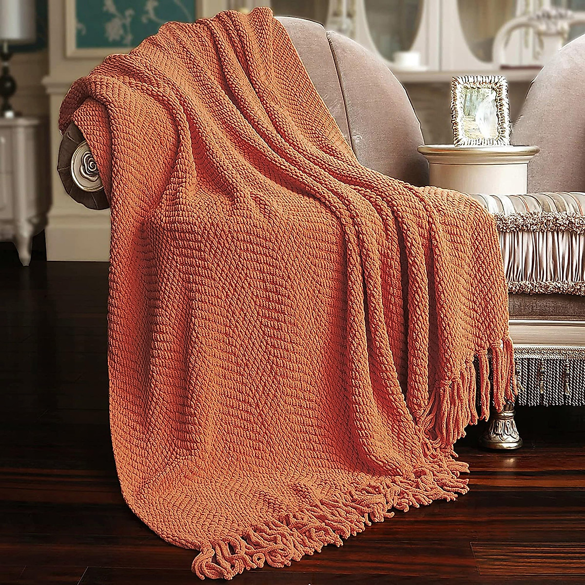 Home Soft Things Throw Blanket Knitted Tweed Throw 50'' x 60'', Rust, Super Soft Cozy Warm Comfortable Breathable Throw for Living Room Chair Couch Bed Sofa Bedroom Home Décor