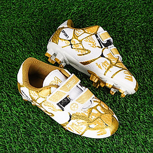 Linkidea Kids FG Soccer Shoes No Laces, Laceless Firm Ground Soccer Cleats for Unisex-Child, Kids Lace Less Soccer Shoes for Grass Field (Gold/White)
