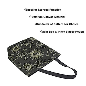 ALAZA Witchy Sun Moon Stars Large Canvas Tote Bag Shopping Shoulder Handbag with Small Zippered Pocket