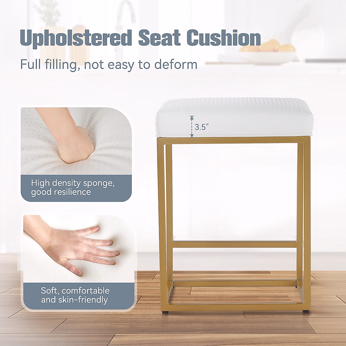 Erste!Bravo White Gold Counter Height Stools Set of 2 Bar Stools for Kitchen Counter 24 Inch Backless Modern Chic Barstools Upholstered Faux Leather Cream Stools Farmhouse Island Chairs, White Gold