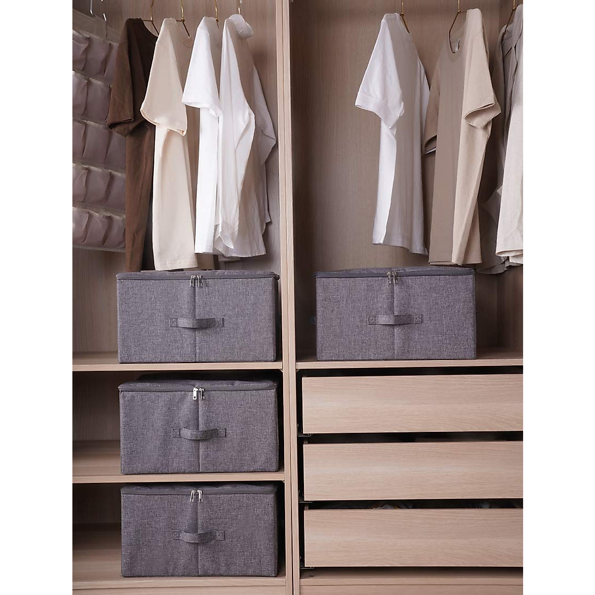 iwill CREATE PRO Pack of 2, Fabric Folding Washable Clothes Storage Boxes with Zip Lid for Wardrobe, Black Gray