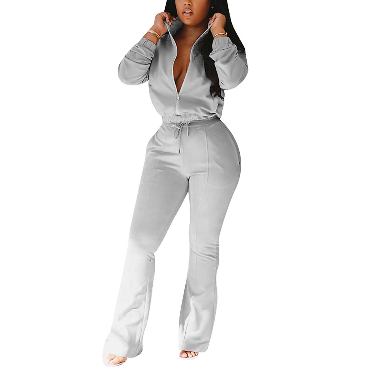 Bluewolfsea Two Piece Outfits for Women - Casual Long Sleeve Zip Top Sweatshirt + Bell Bottoms Jogging Sets Large Gray