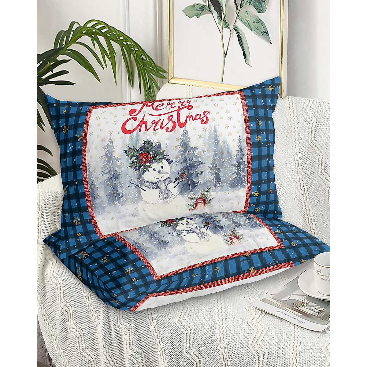 Christmas Plaid Snowman Pillow Covers King Standard Set of 2 20x36 Bed Pillow, Plush Soft Comfort for Hair/ Skin Cooling Pillowcases with Envelop Closure Throw Covers Buffalo Snowflake Snow Tree