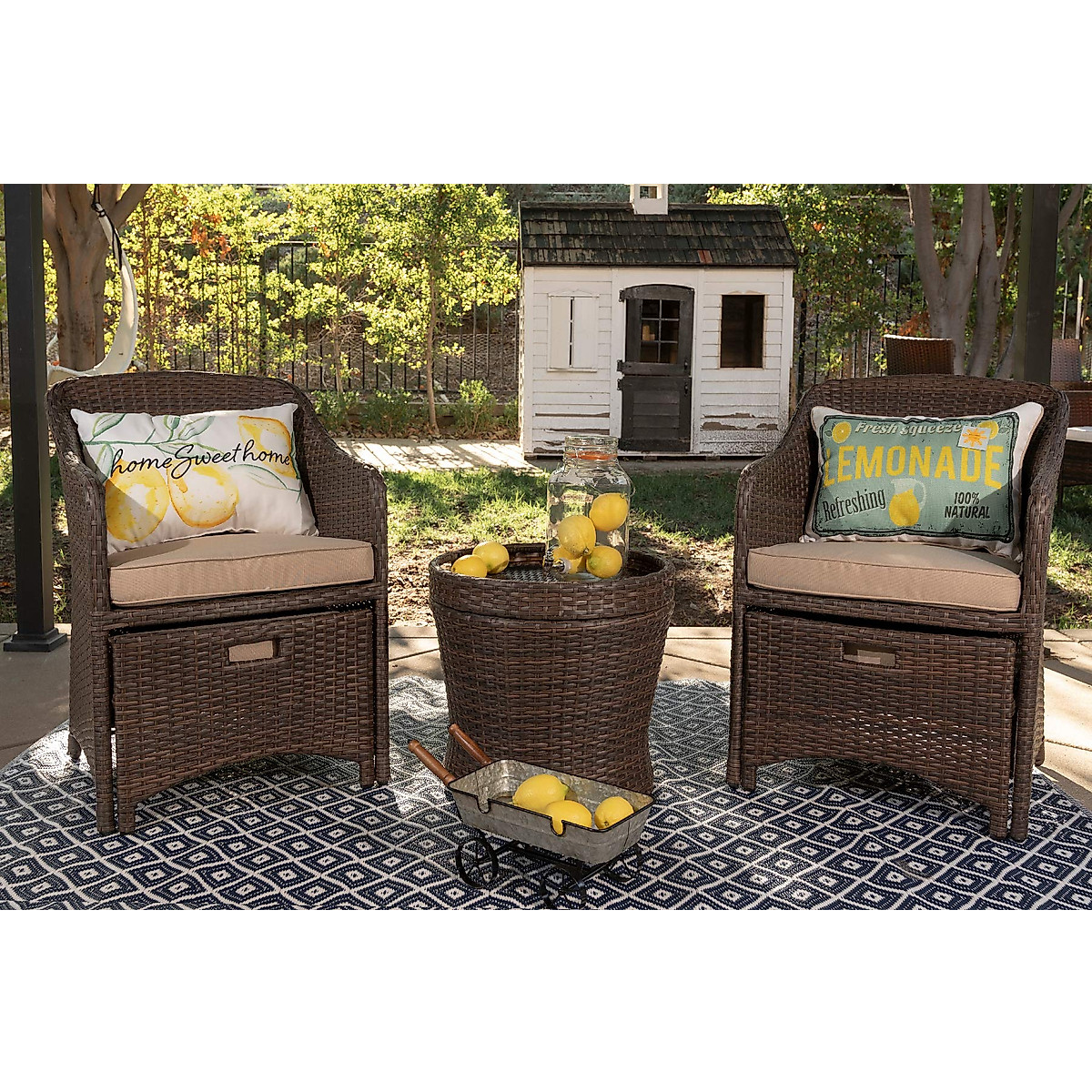 Barton 5 Piece Bistro Sofa Set w/Cushions 2 Chairs 2 Ottomans Multipurpose Outdoor Patio Wicker Rattan Furniture Space Saving