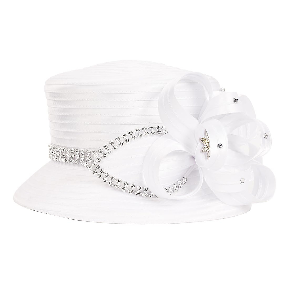Church Dress Hat for Women Kentucky Derby Tea Party Wedding Hats with Rhinestone(Z-White)