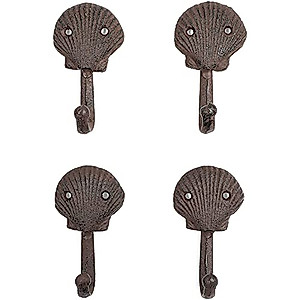 Cast Iron Seashell Wall Hooks for Beach House Decor ( 0.3 x 4 x 2.3 in, 4 Pack)