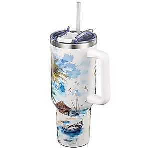 THILY 40 oz Stainless Steel Tumbler with Handle - Vacuum Insulated Travel Cup, Splash-Proof & Leakproof Lid, 2 Straws & Brush | Keeps Cold 34H/Hot 12H, Cupholder Friendly, Coastal Breeze