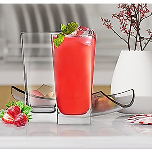 Highball Glasses [Set of 4] + 4 Stainless Steel Straws, 16 oz Lead-Free Crystal Clear Glass, Elegant Drinking Cups for Water, Wine, Beer, Cocktails and Mixed Drinks - Round Top, Square Bottom