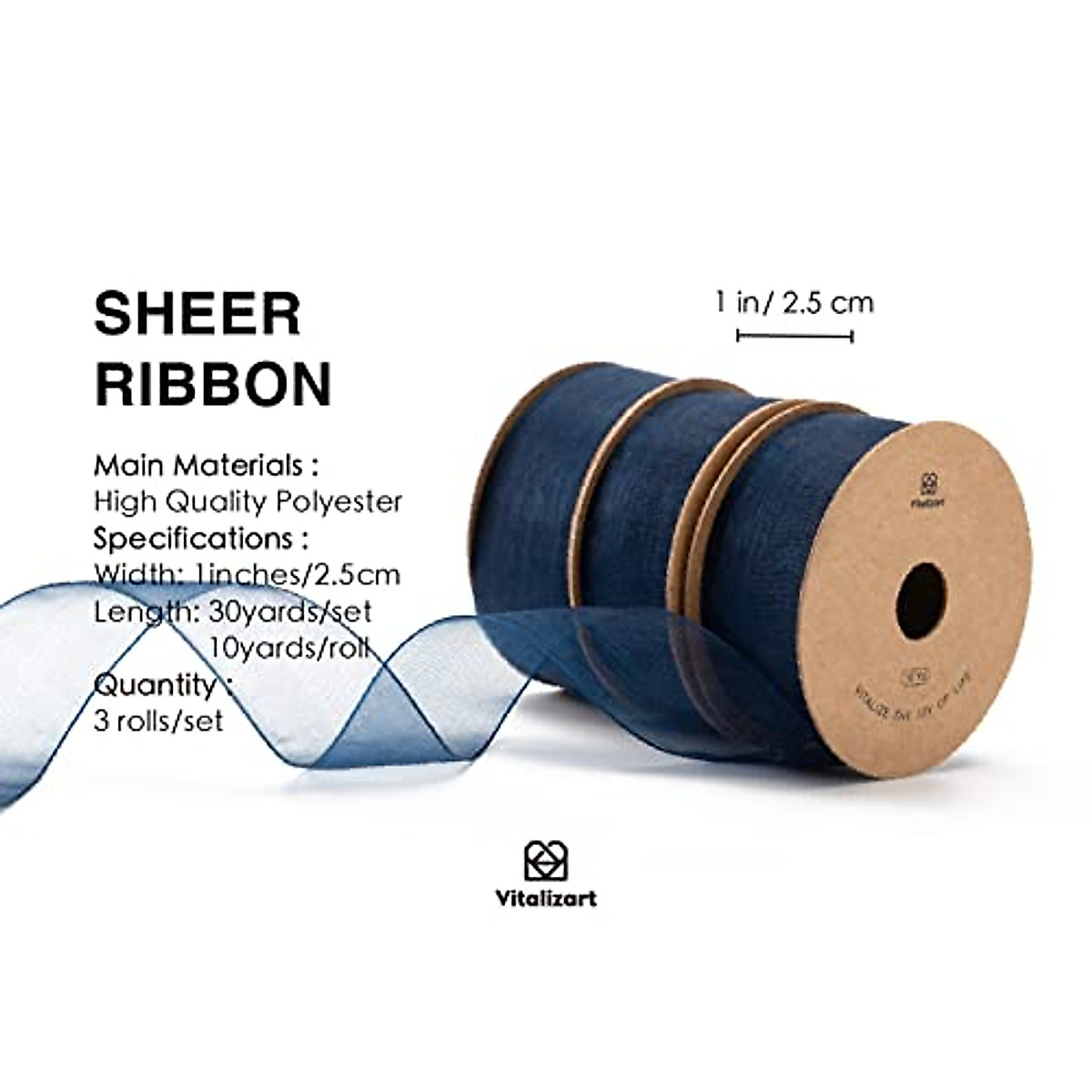 Vitalizart Navy Blue Ribbon Organza Sheer Ribbon 1 inch x 30Yd in Total Handmade Eco-Friendly Fabric Ribbons for Gift Wrapping Christmas Tree Crafts Bows Wedding Invitations Wreaths Wrap