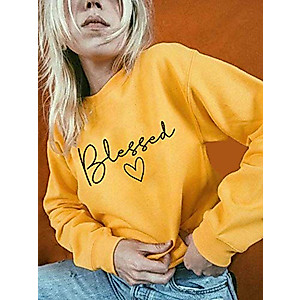 UNIQUEONE Blessed Sweatshirt for Women Letter Print Lightweight Thanksgiving Pullover Tops Blouse (Yellow, Large)